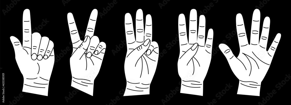 Set of white hands with different gestures. Hands show one, two, three ...