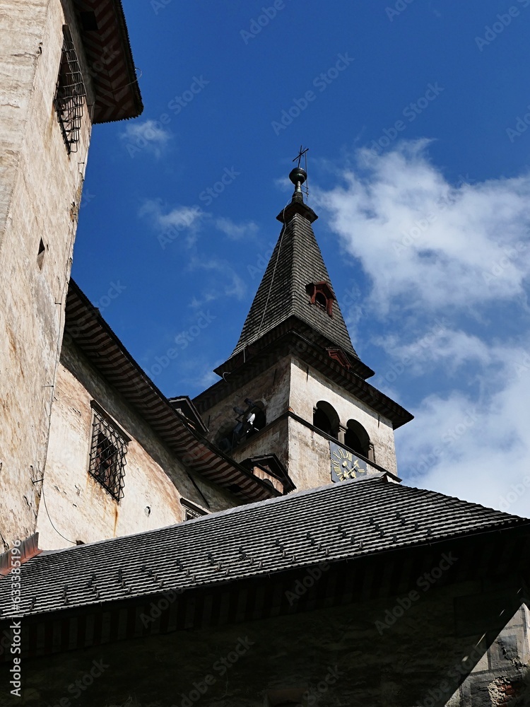 Upward view from entrance to Orava Castle, northern Slovakia - roof of ...