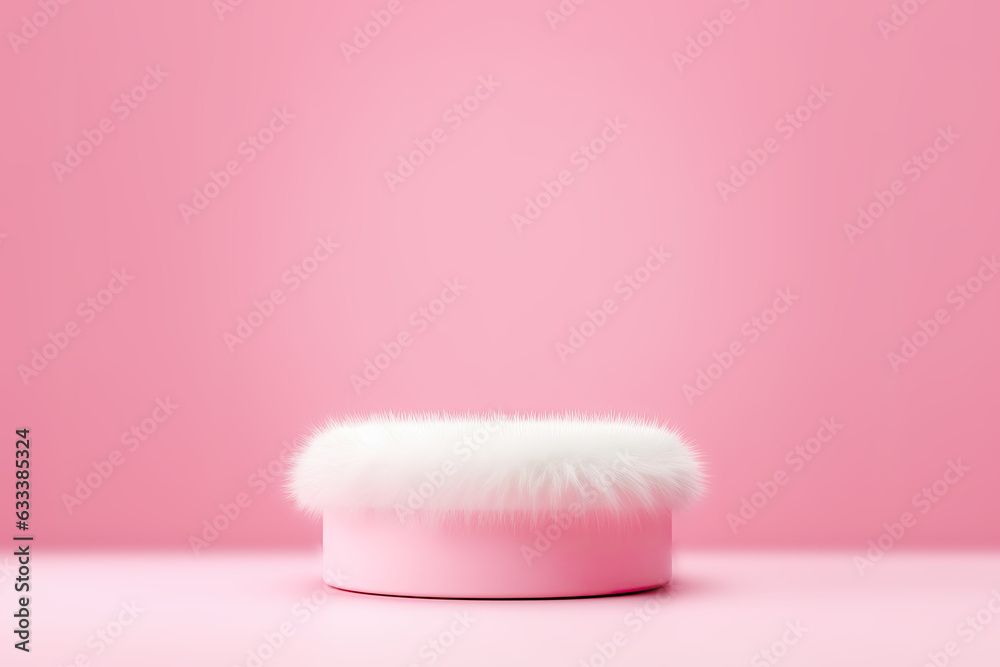 Elegant empty round fur podium for presentation on pink background ...