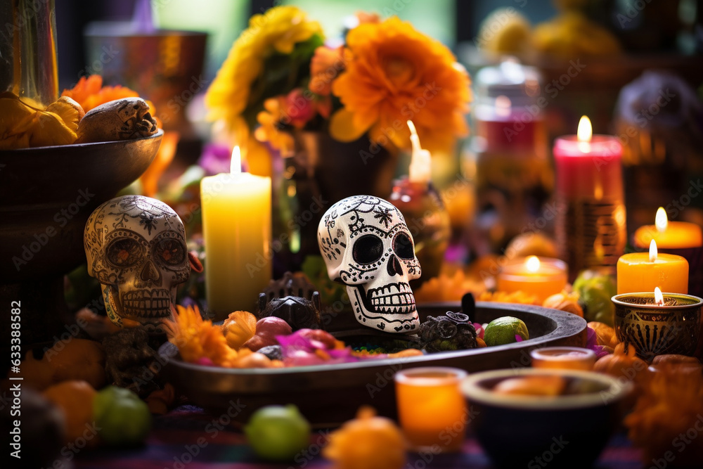 Traditional ofrenda with personal mementos and offerings, Day of the ...