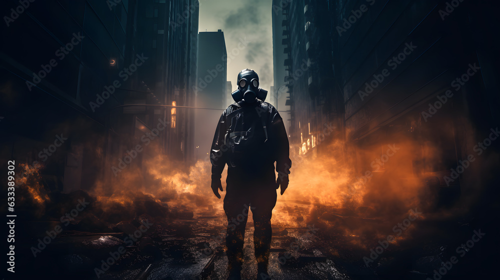 Person with a gas mask standing in a destroyed city in an apocalyptic ...