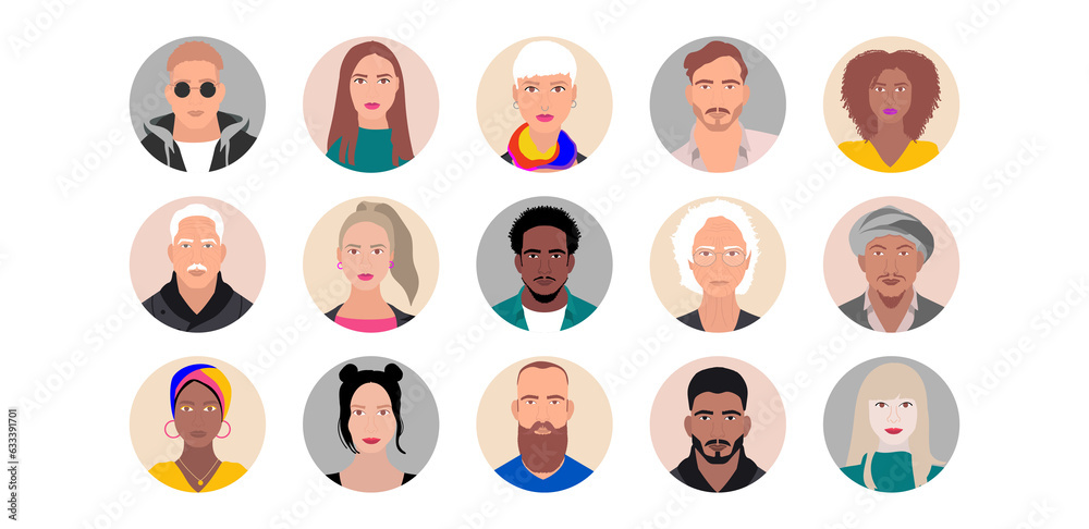 people character head and shoulders icon symbol set human ethnic age ...