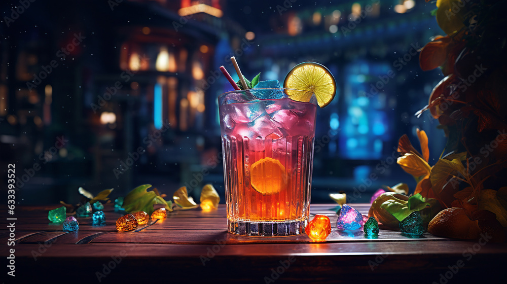 Colorful cocktails in a glass on the bar counter, neon lights on dark ...