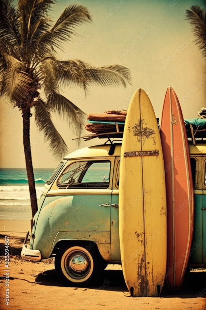 Surfboard on tropical beach background. Vintage tone color style ...