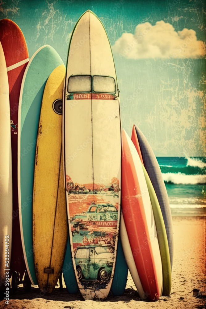Surfboard on tropical beach background. Vintage tone color style ...