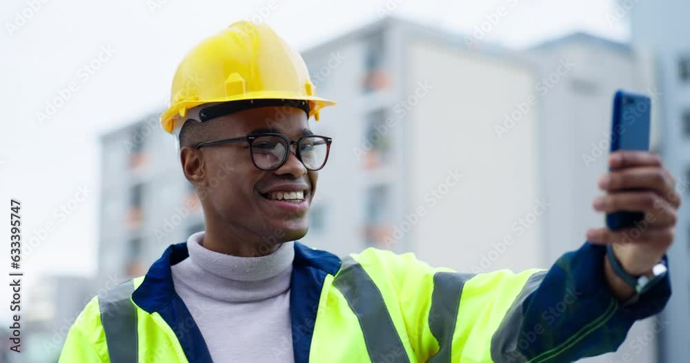 Selfie, peace sign and architecture with black man in city for social ...