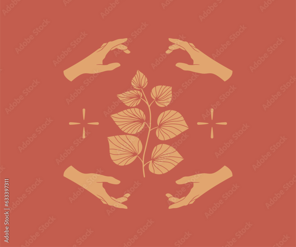 Hand reaching for a leaf shape monochrome illustration. Beauty and ...
