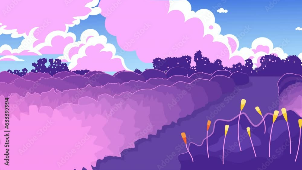 Lavender field under moving clouds 2D animation. Idyllic scenery ...