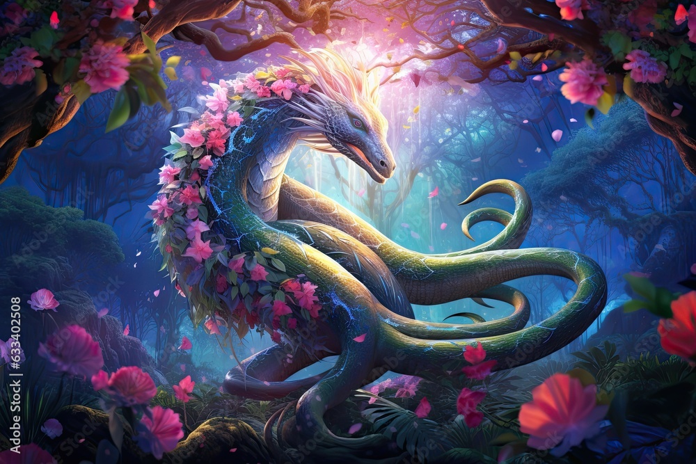 Fabulous dragon snake with white flowers as a symbol of power of love ...