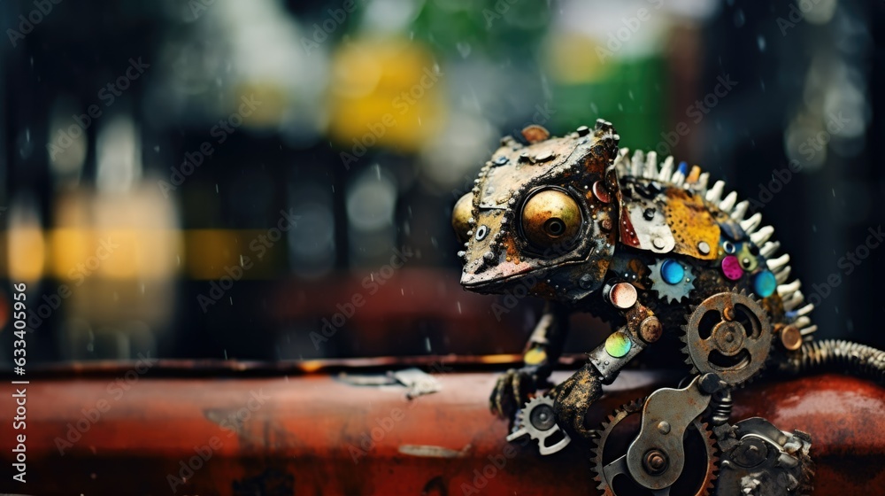 Steampunk chameleon lizard toy made from rusty metal cutout sheets ...