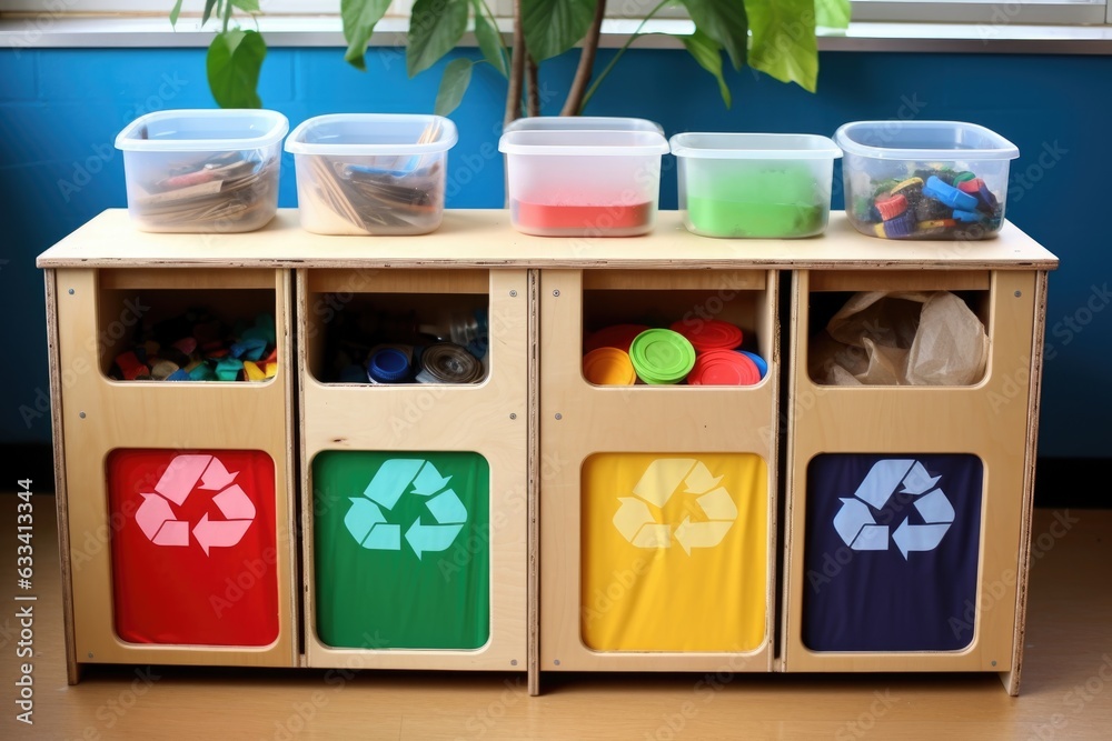 diy recycling station with labeled compartments Stock Photo | Adobe Stock