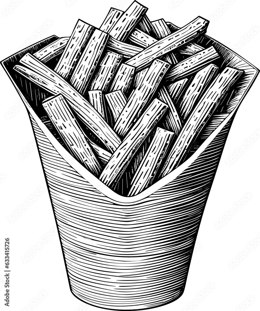 Vintage-style hand-drawn illustration of crispy French fries in a paper ...