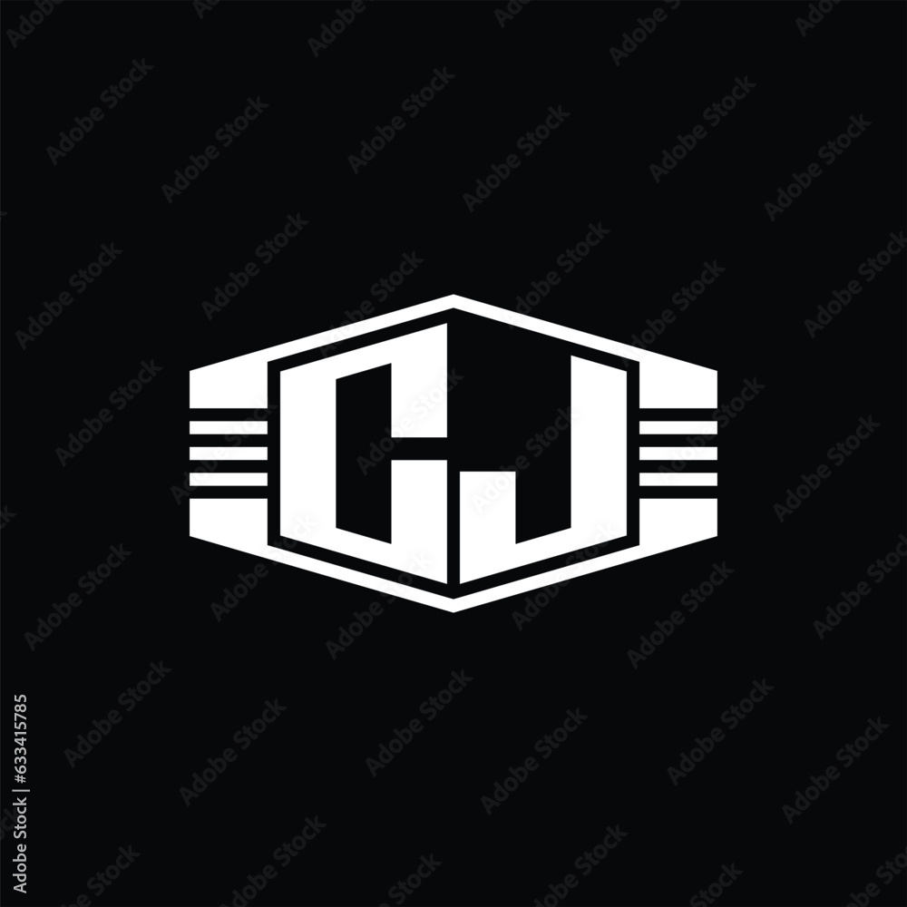 CJ Letter Logo monogram hexagon emblem shape with stripes outline style ...