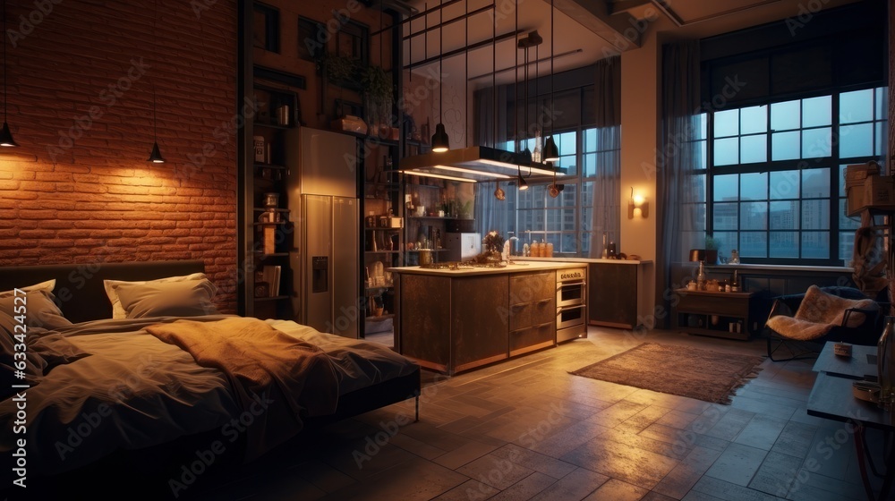 Luxury loft style studio apartment with a free layout in dark colors. Stylish modern kitchen ...