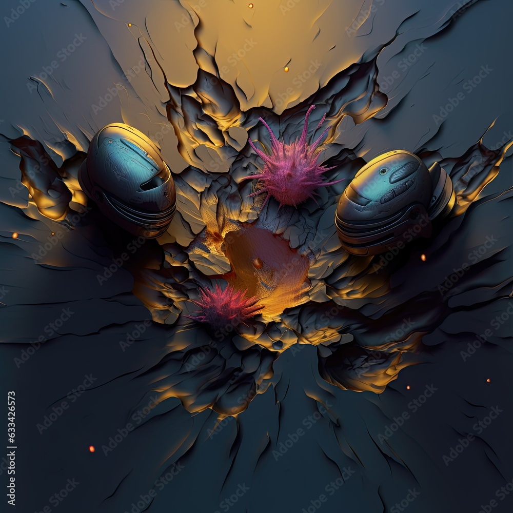 Alien robot creatures and plants on a dark planet's surface light by a ...