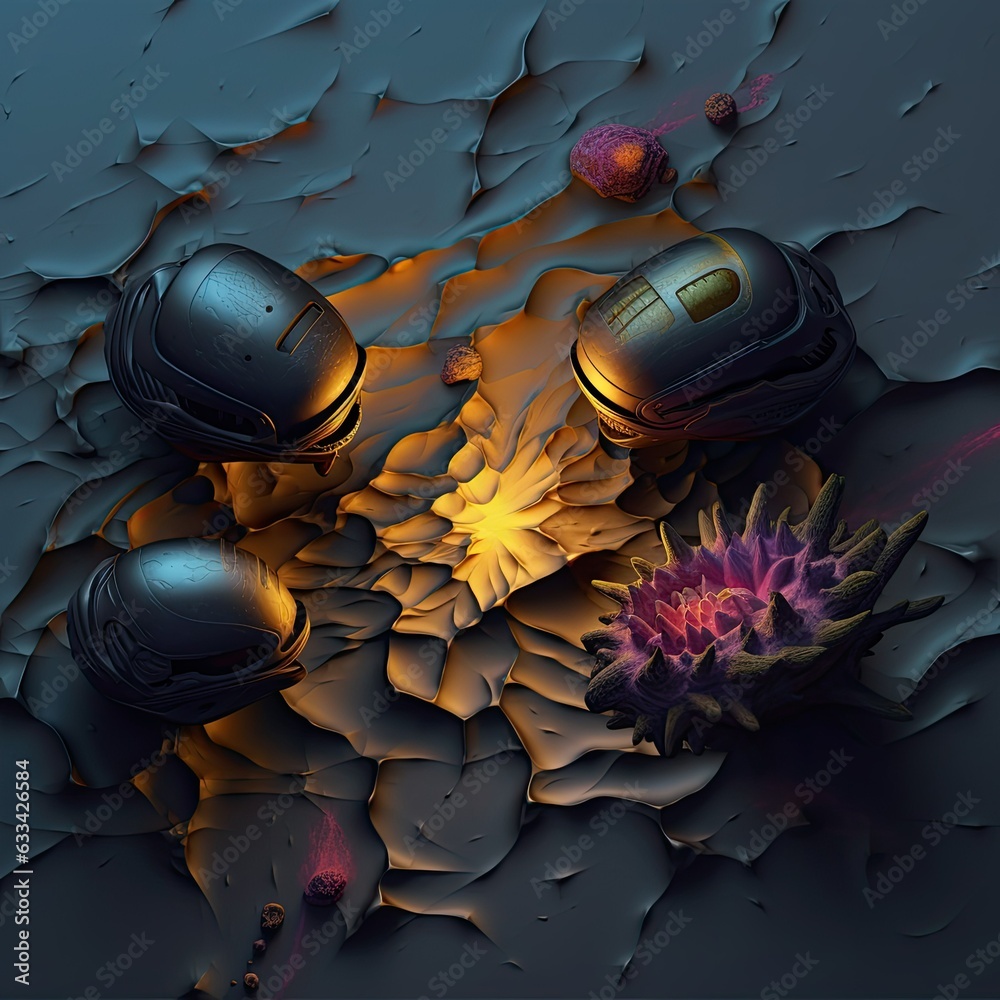 Alien robot creatures and plants on a dark planet's surface light by a ...
