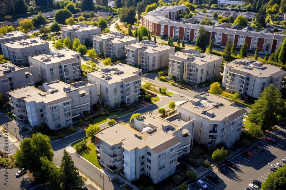Drone view of a residential suburban area of small two-story multi ...