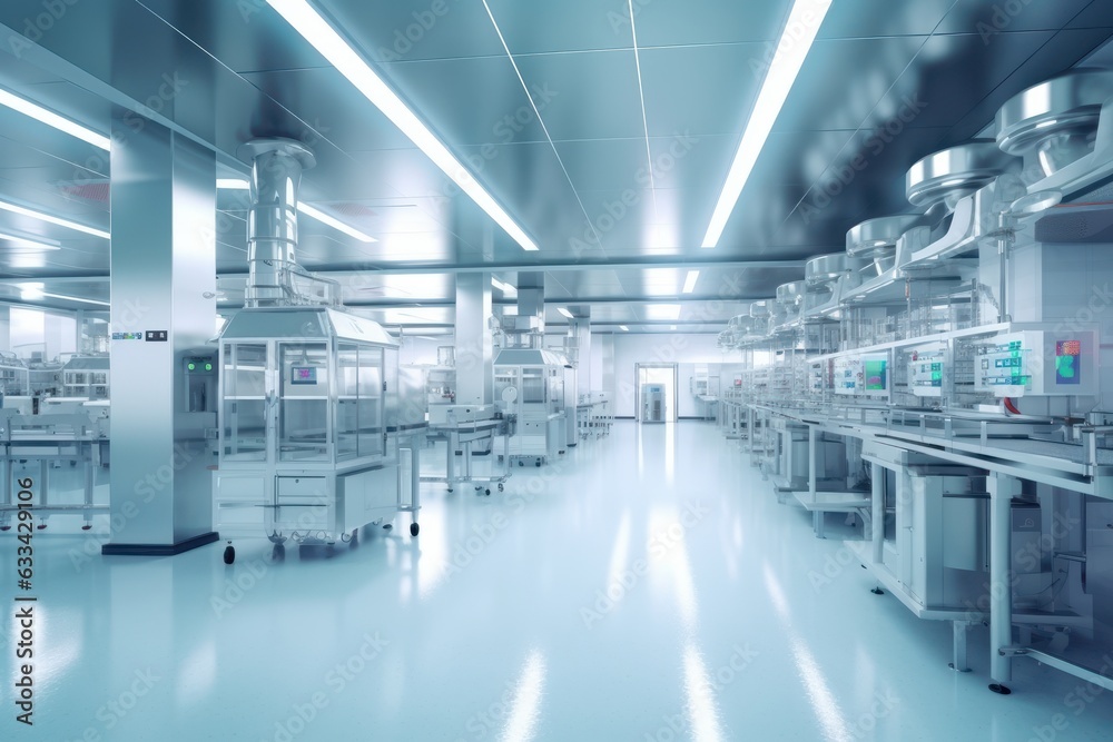 Contemporary drug production workshop interior. Spacy bright sterile ...