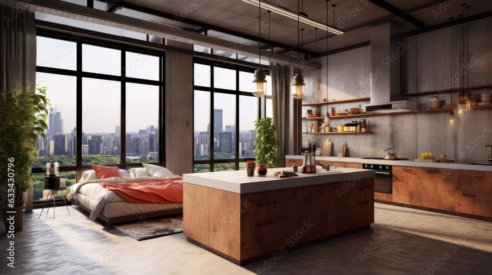 Luxury loft style studio apartment with a free layout in dark colors ...