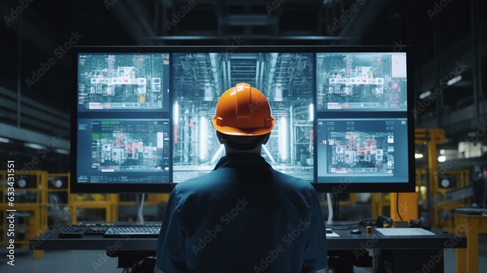 engineer at the factory monitors the production process on large ...
