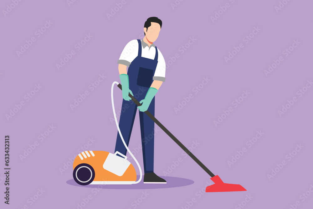 Graphic flat design drawing of active man with vacuum cleaners of ...
