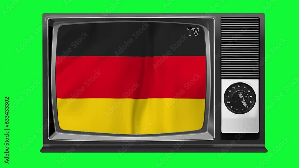 Waving flag of Germany on the screen of an old TV set, isolated in ...