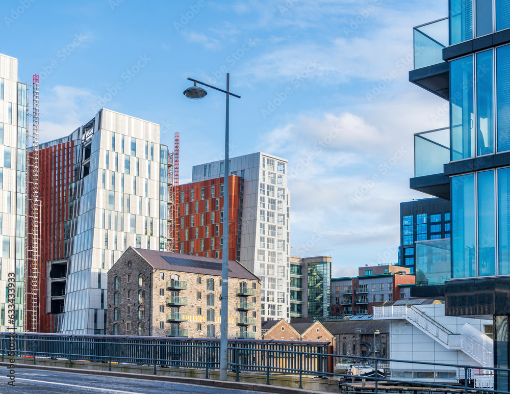 Modern apartment buildings and the Bolands Mills at the Mc Mahon Bridge ...