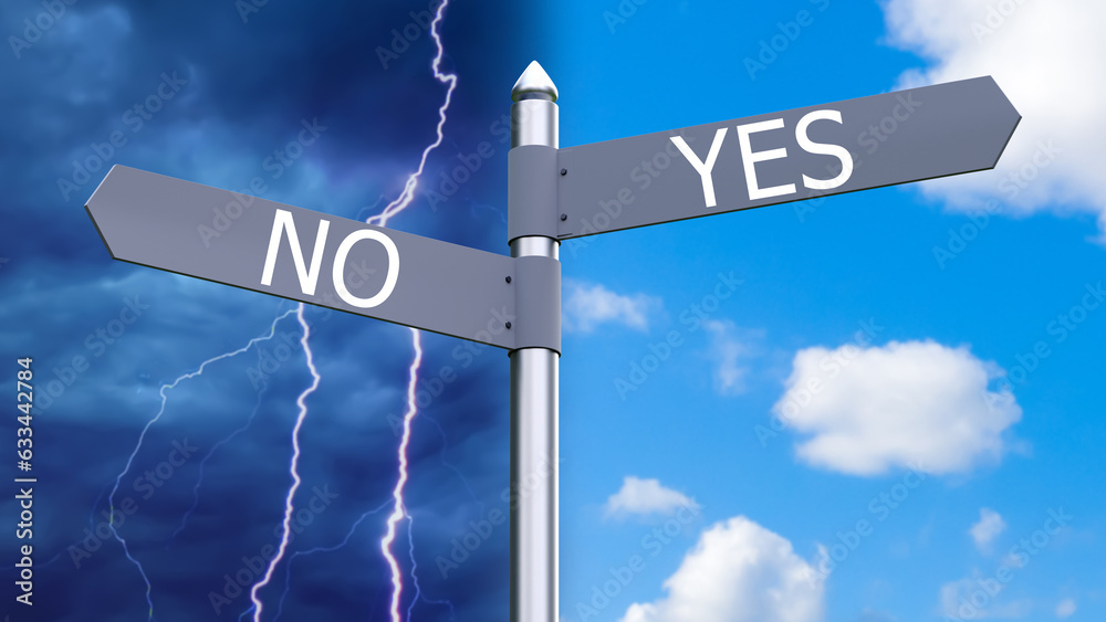 Yes or no. Signboard at crossroads. Road sign in different directions ...