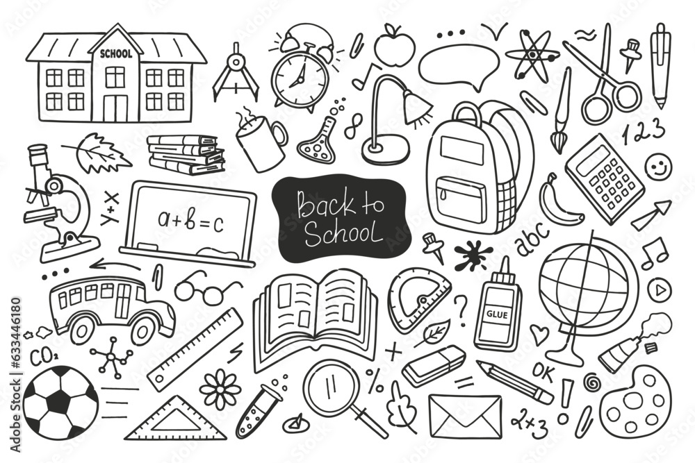Set of elements for school and study hand drawn outline. Sticker in a ...