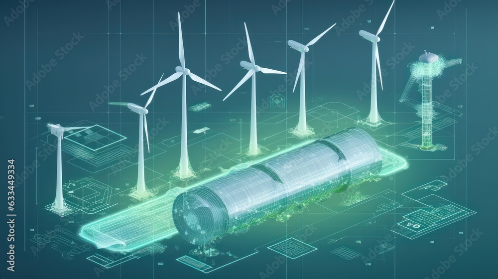 Graphic Image Of Wind Generators And Diagram Of Energy Production And