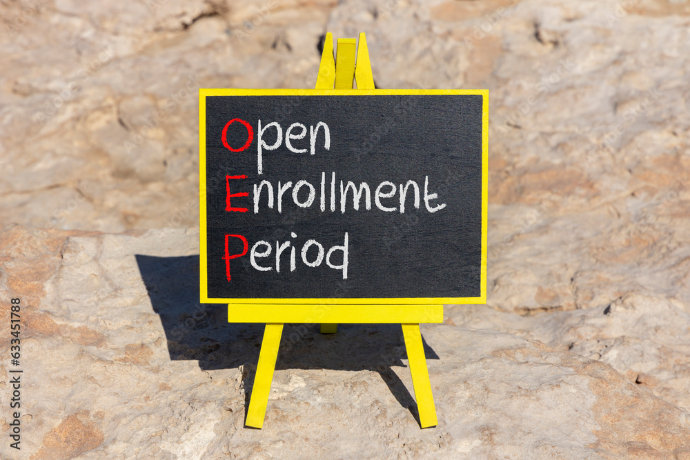 OEP symbol. Concept words OEP Open enrollment period on beautiful black ...
