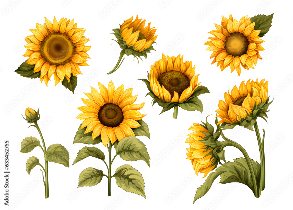 Bright sunflowers. Set of sunflowers isolated on transparent background ...