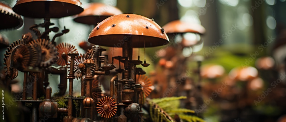 Steampunk mushrooms, bizarre metal fungi in strange surreal forest ...