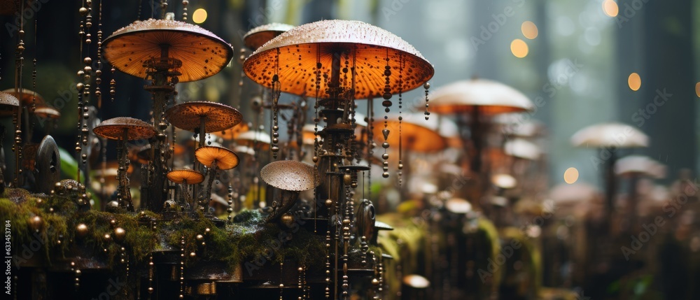 Steampunk mushrooms, bizarre metal fungi in strange surreal forest ...