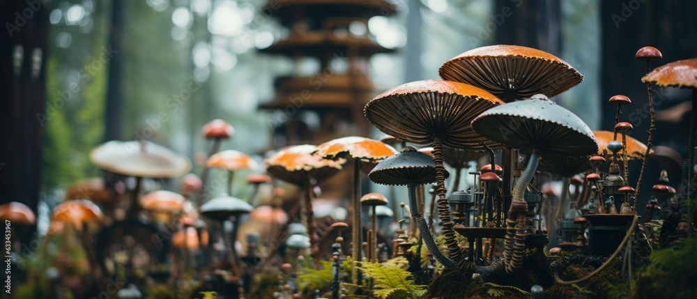 Steampunk mushrooms, bizarre metal fungi in strange surreal forest ...