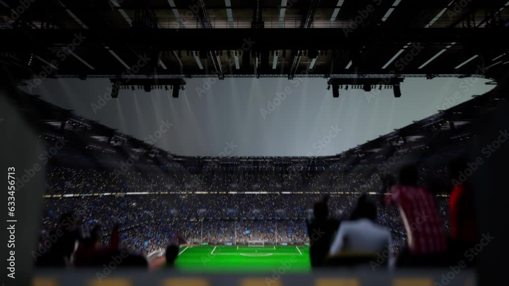 Night Euro Stadium arena, empty field, animated fan crowd, blue and red ...