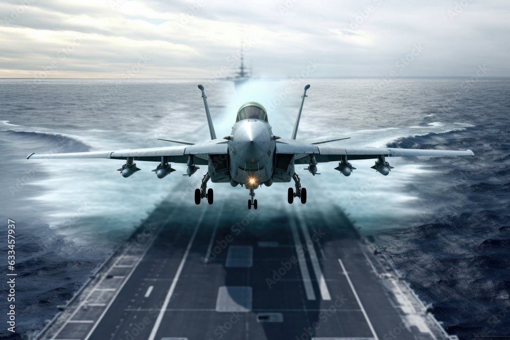 Front view of air force fighter landing on the deck of military ...