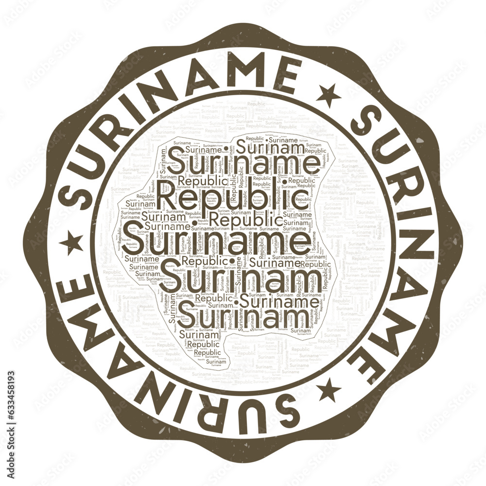 Suriname logo. Appealing country badge with word cloud in shape of ...