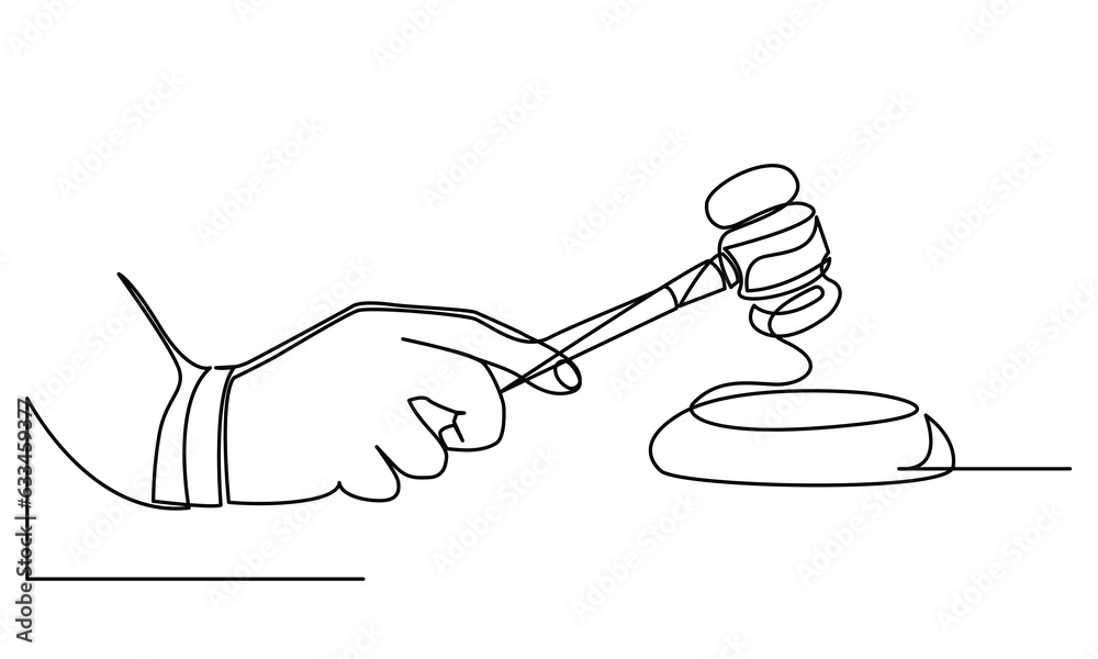 Continuous line drawing of A hand-holding law hammer judge by a single ...