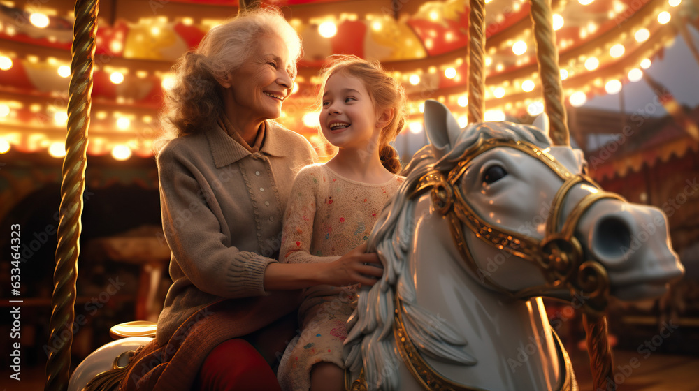 Grandmother and Granddaughter Ride Horse on Merry Go Round Carousel ...