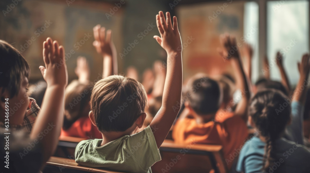 School children with hands up in classroom, view from back at the ...