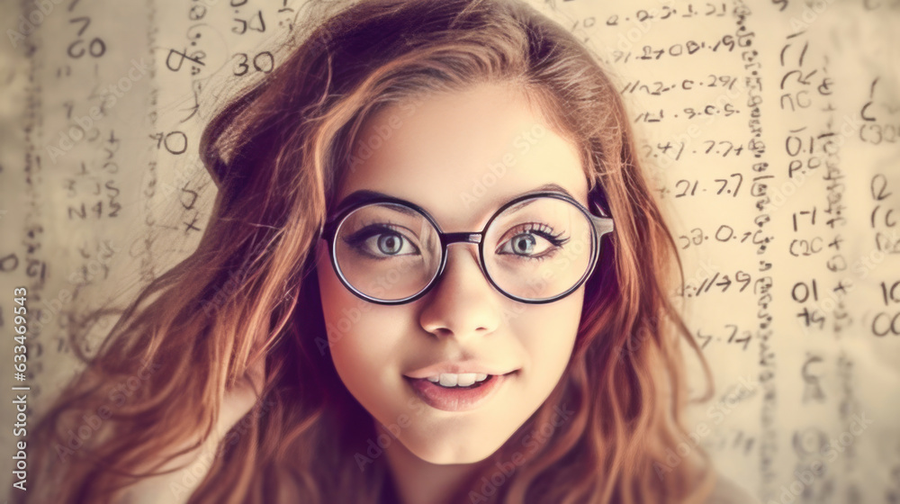 Curious smart girl in glasses against classroom whiteboard with math ...