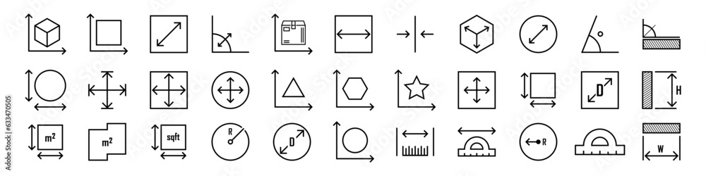 Square, perimeter, distance and diameter icons. Dimension, area and ...