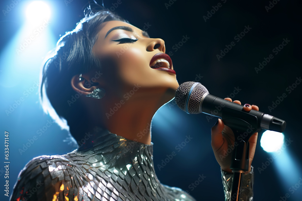 Beautiful asian female singer sings on stage in blue light spotlights ...