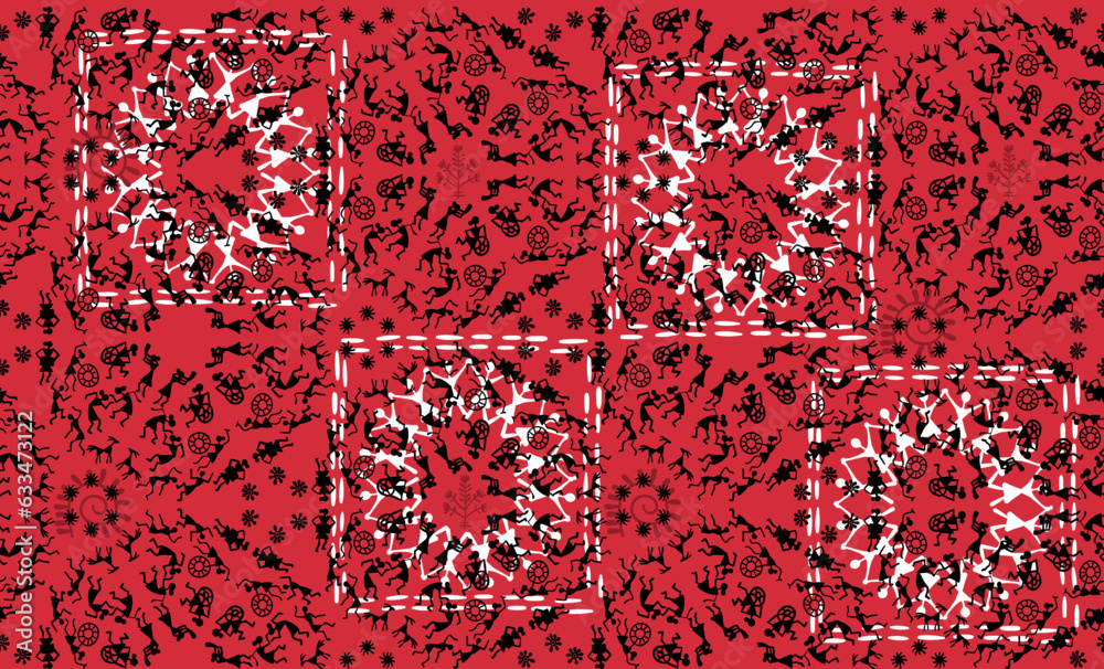 Warli painting seamless pattern - hand drawn traditional the ancient ...