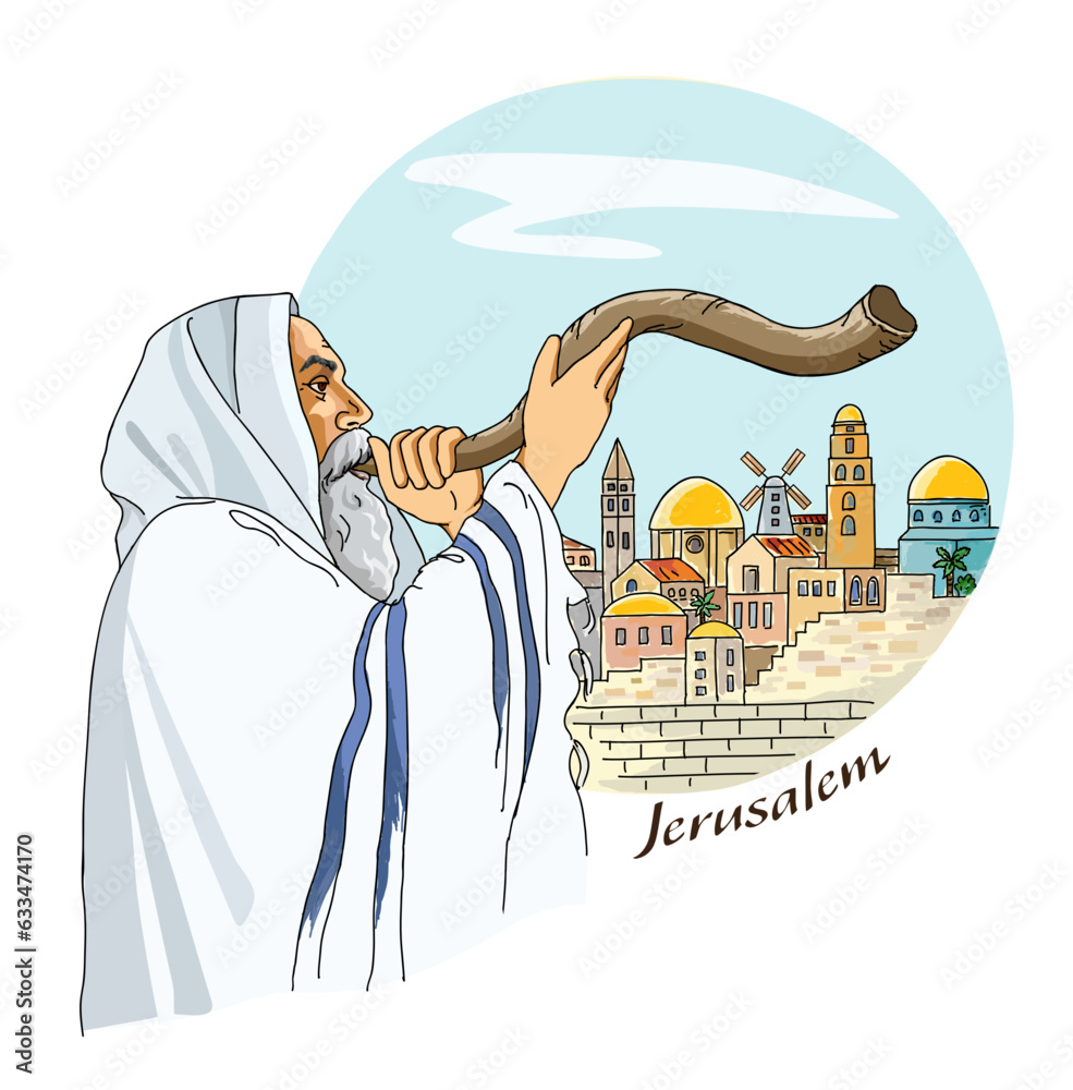 Jew in tallit blowing the shofar of Rosh Hashanah. Hand drawing ...