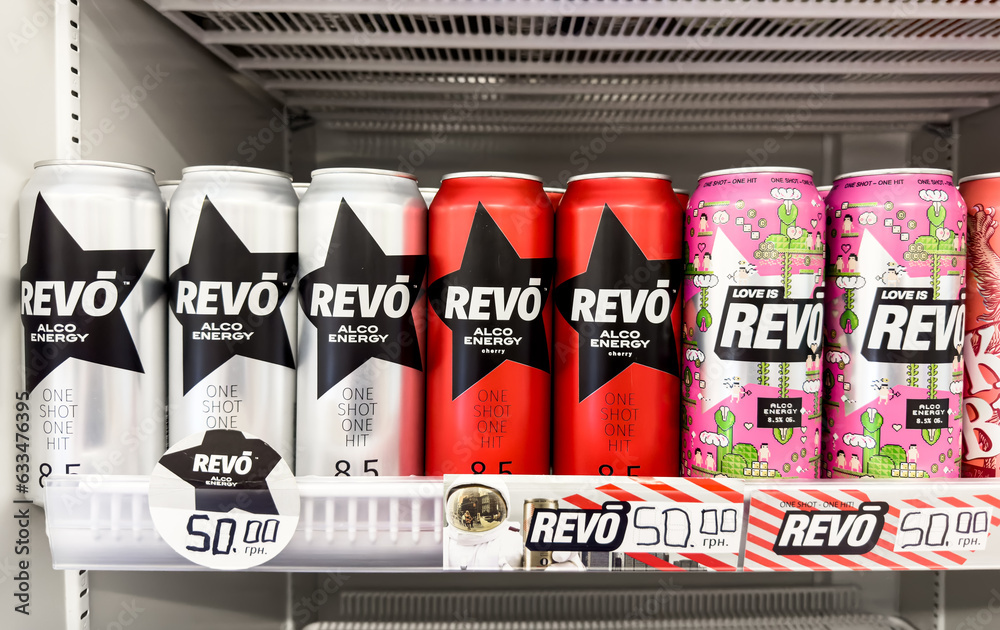 Kyiv, Ukraine - 10 August 2023: Set different cans REVO ALCO ENERGY 0 ...