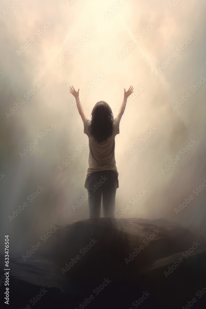 young girl praising the lord. arms raised to the heavens. praising and ...