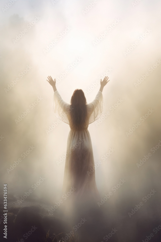 god's light shining on a woman. praising and praying to god. heavenly ...