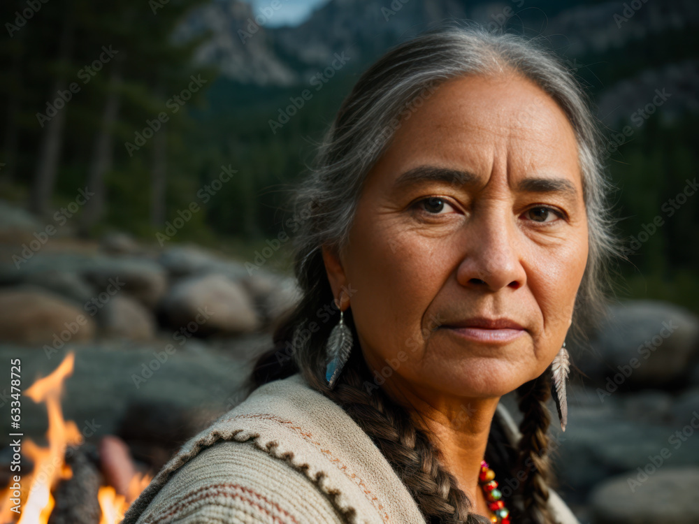 Portrait of a beautiful senior Native American woman in national dress ...